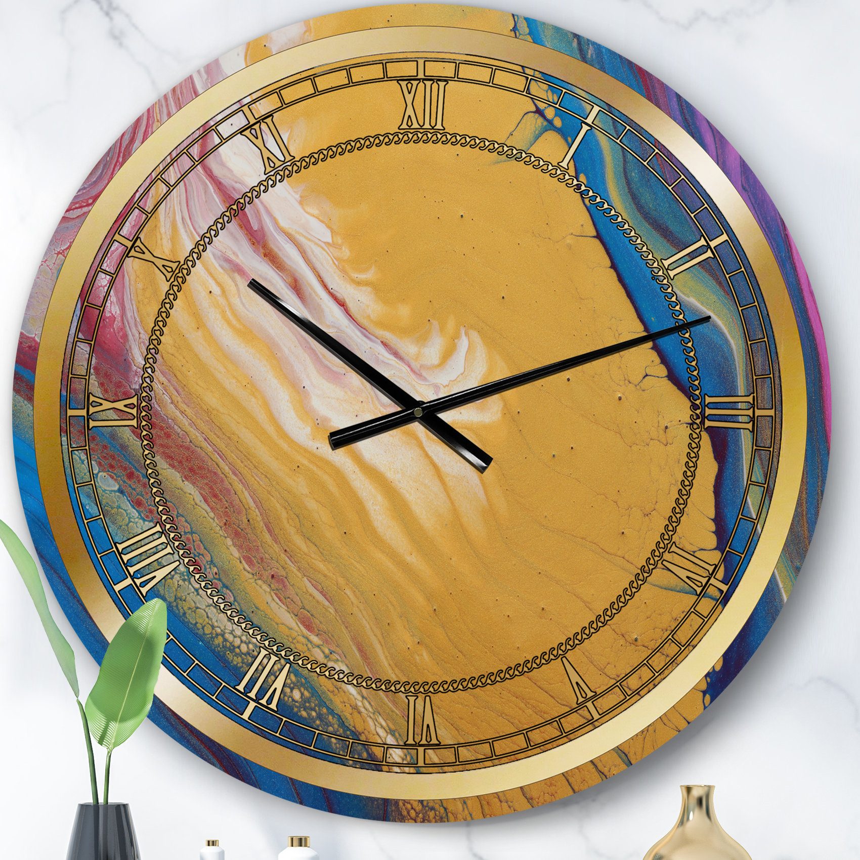 East Urban Home Purple Gold and Blue Marble II - Glam wall clock | Wayfair