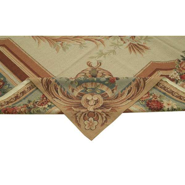 Astoria Grand Needlepoint Floral Beige Floral Cotton Wool Hand Woven ...