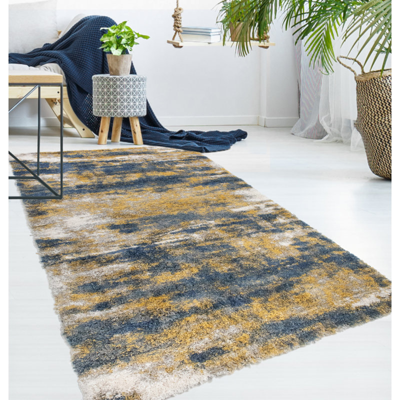 17 Stories Alban Performance Blue/Gold Rug & Reviews | Wayfair