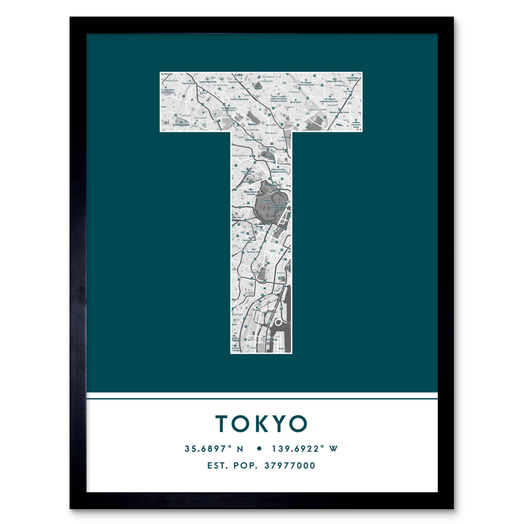 Wee Blue Coo Tokyo City Map Tokyo Teal by Wee Blue Coo - Picture Frame ...