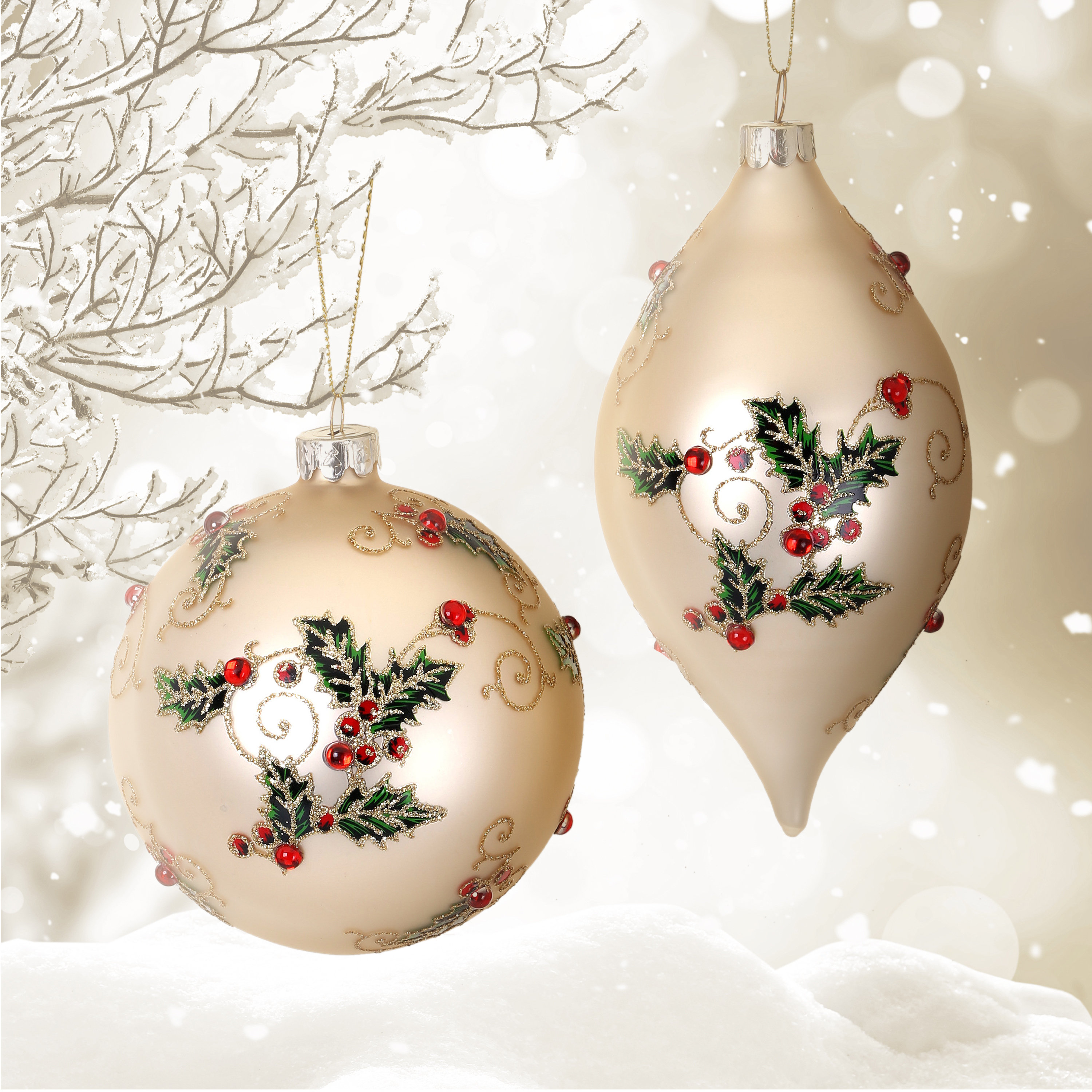 Three Posts™ 2 Piece Glass Filigree Holly Ball and Finial Ornament Ball ...