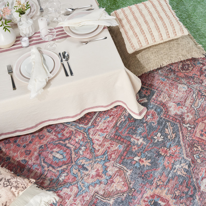 Nicole Curtis Machine Washable Oriental Blue/Brick Red Area Rug ...