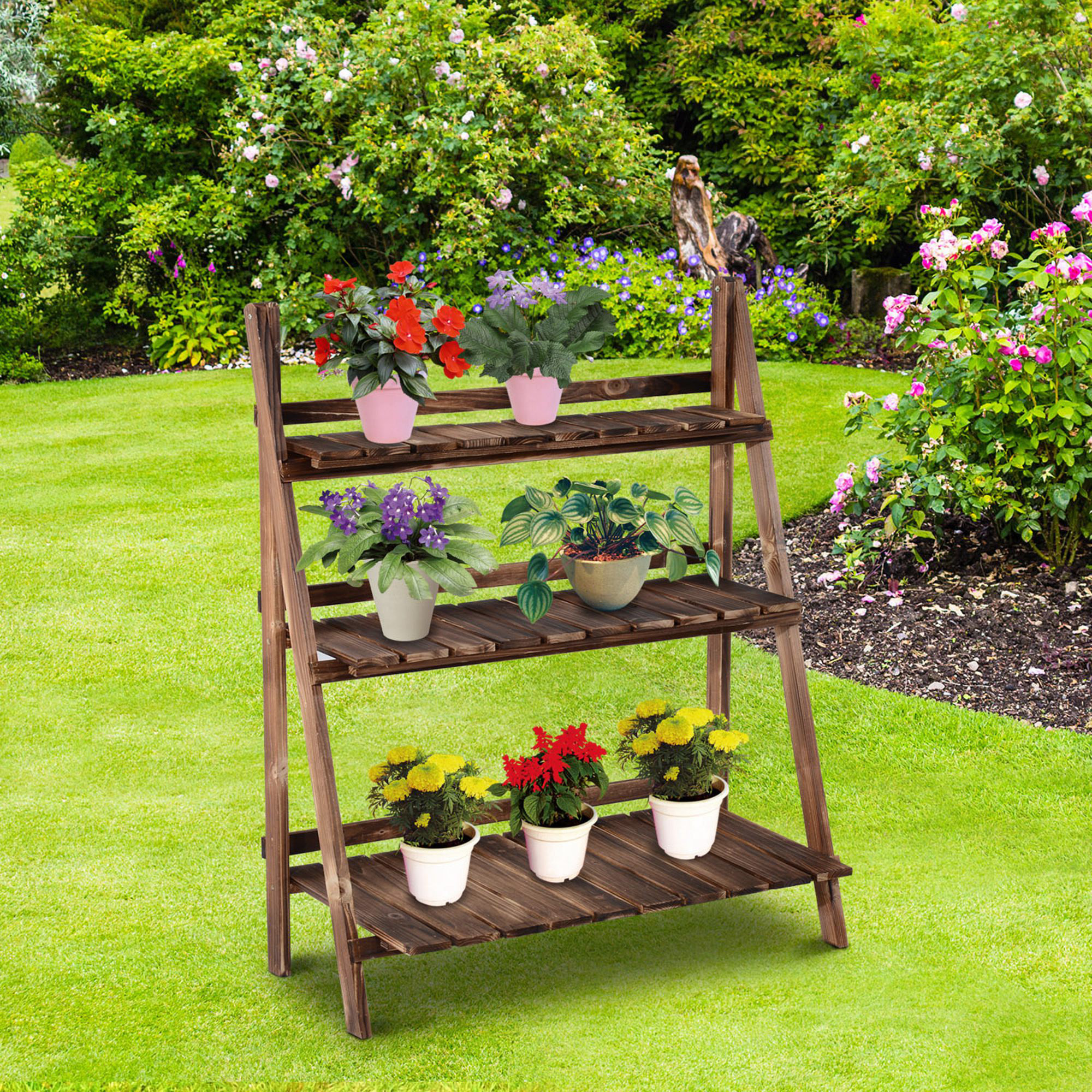 Outsunny Wooden Rustic 3-Tier Foldable Ladder Raised Plant Stand With ...