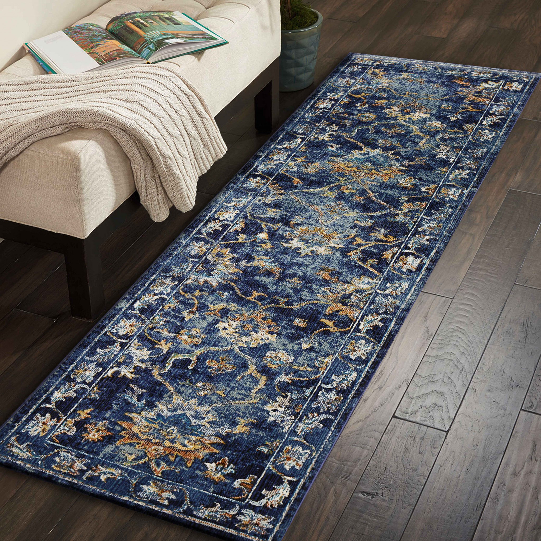 Lux Comfort Blue And Gold Jacobean Area Rug | Wayfair