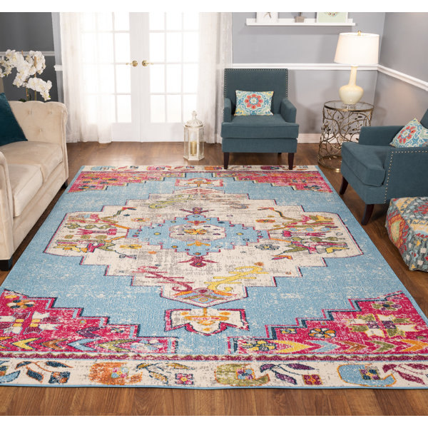 Bungalow Rose Larrick Power Loom Performance Blue/Pink Rug | Wayfair