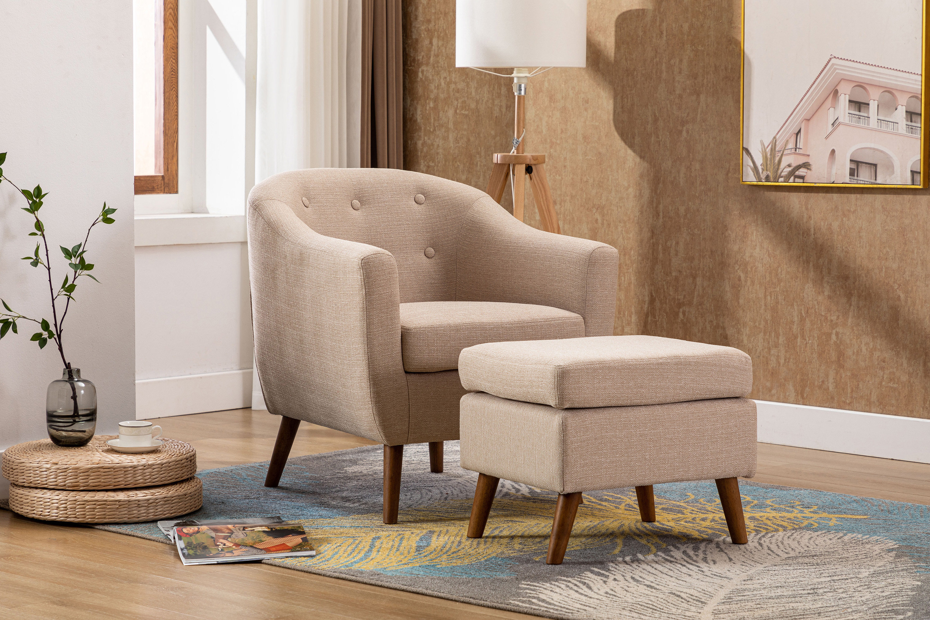 Wade Logan® Arlaith Linen Upholstered Accent Chair with Ottoman ...