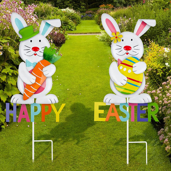The Holiday Aisle® 2 Piece Happy Easter Bunny Garden Stake Set | Wayfair