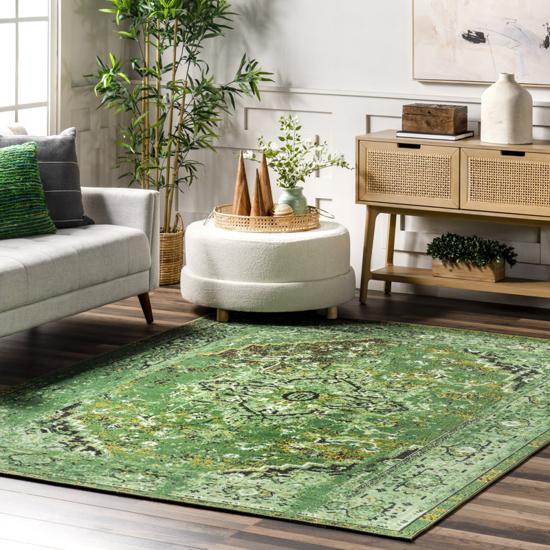 Bungalow Rose Bowning Oriental Power Loom Performance Green Rug ...
