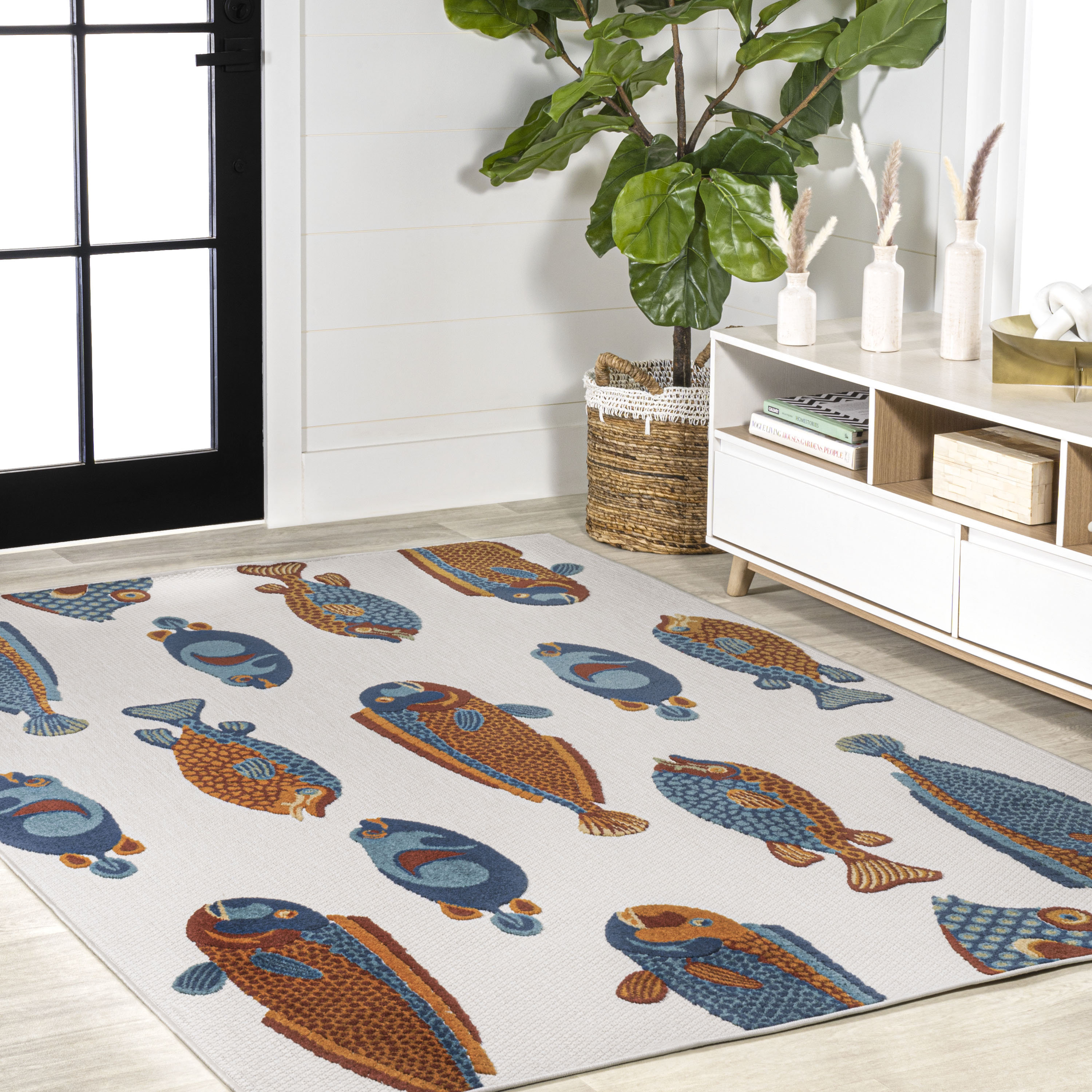 Highland Dunes Wigand Modern Fish High-Low Indoor/Outdoor Navy/Orange ...