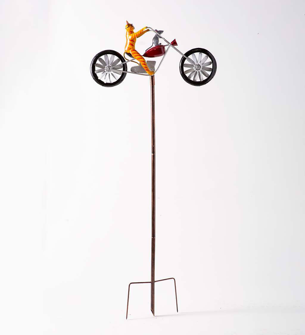 Wind & Weather Metal Cat On Motorcycle With Spinning Wheels Wind ...