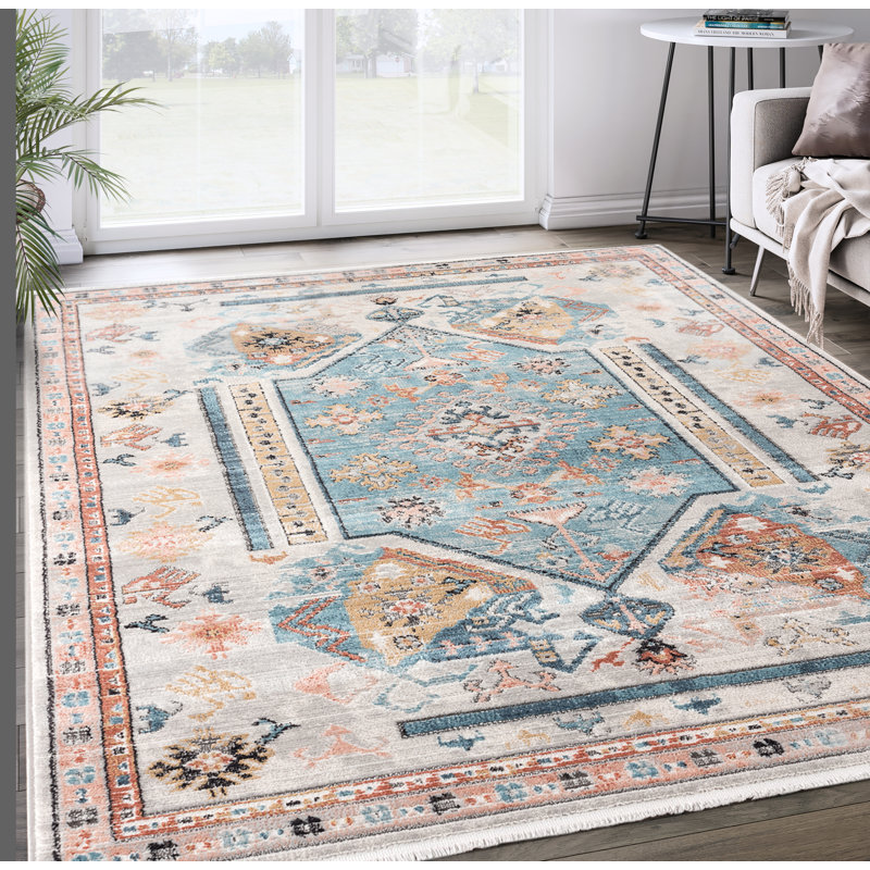 Bungalow Rose Etto Oriental Beige/Aqua Area Rug & Reviews | Wayfair