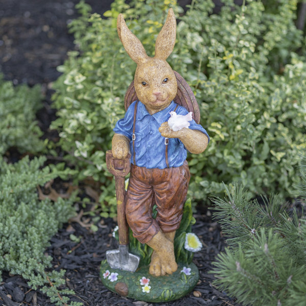 Trinx Dellanie Jack Rabbit with Shovel and Bird Statue | Wayfair