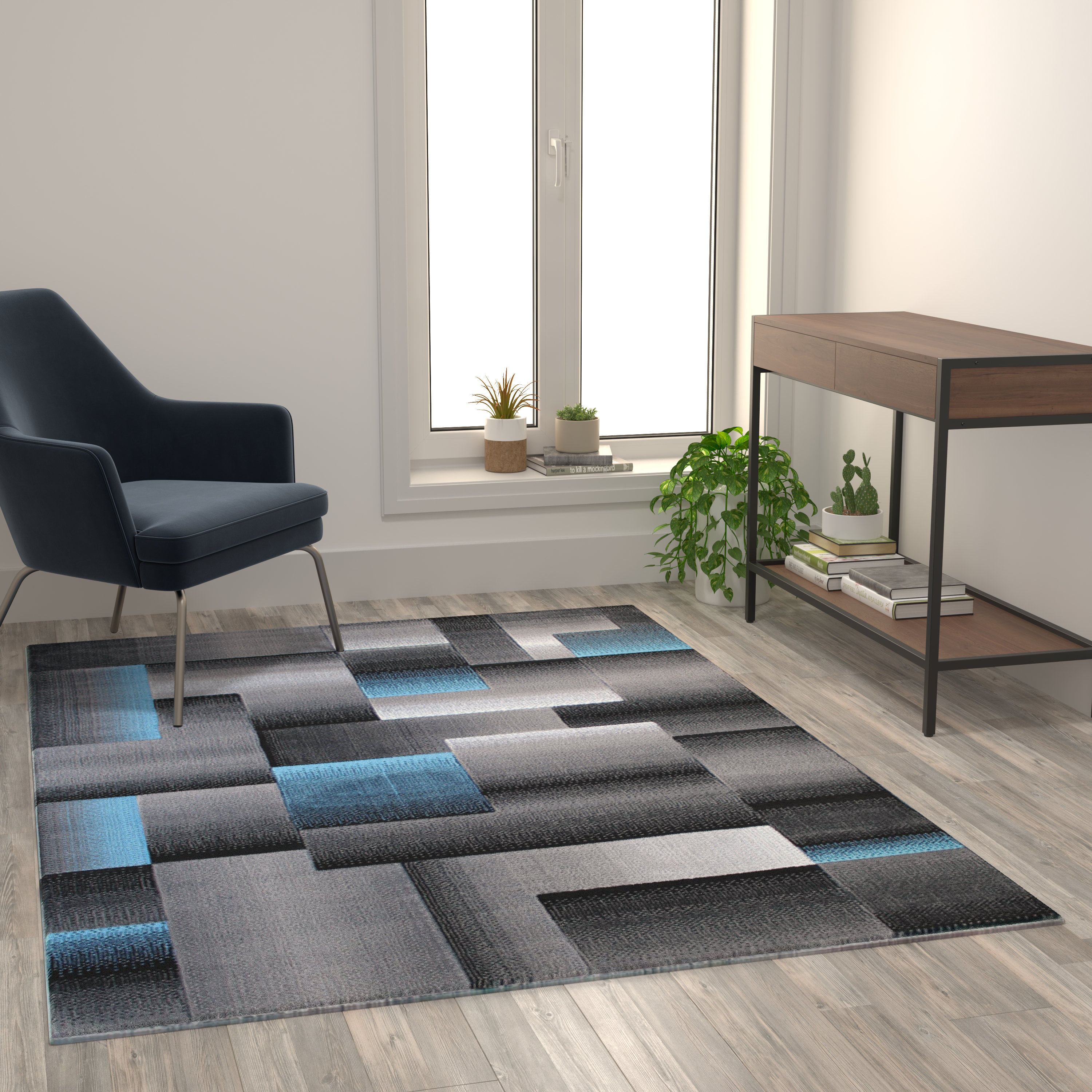 Orren Ellis Modern Blue and Gray Geometric Style Color Blocked Indoor ...