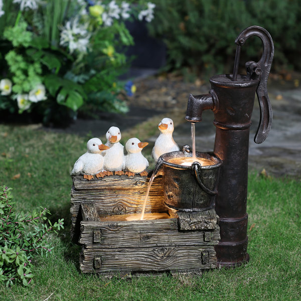August Grove® Farmhouse Crate And Baby Ducks Resin Outdoor Fountain ...