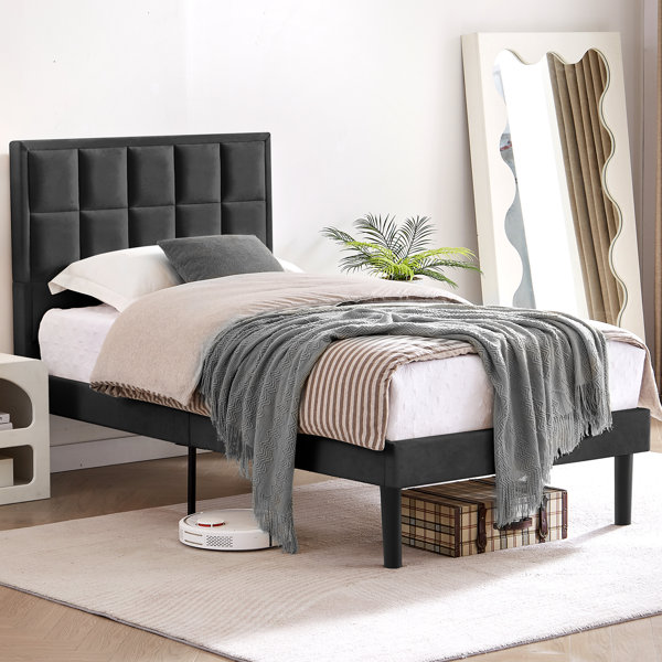 Mercer41 Torrick Bed Frame Cozy Velvet Upholstered Bed Frame with ...
