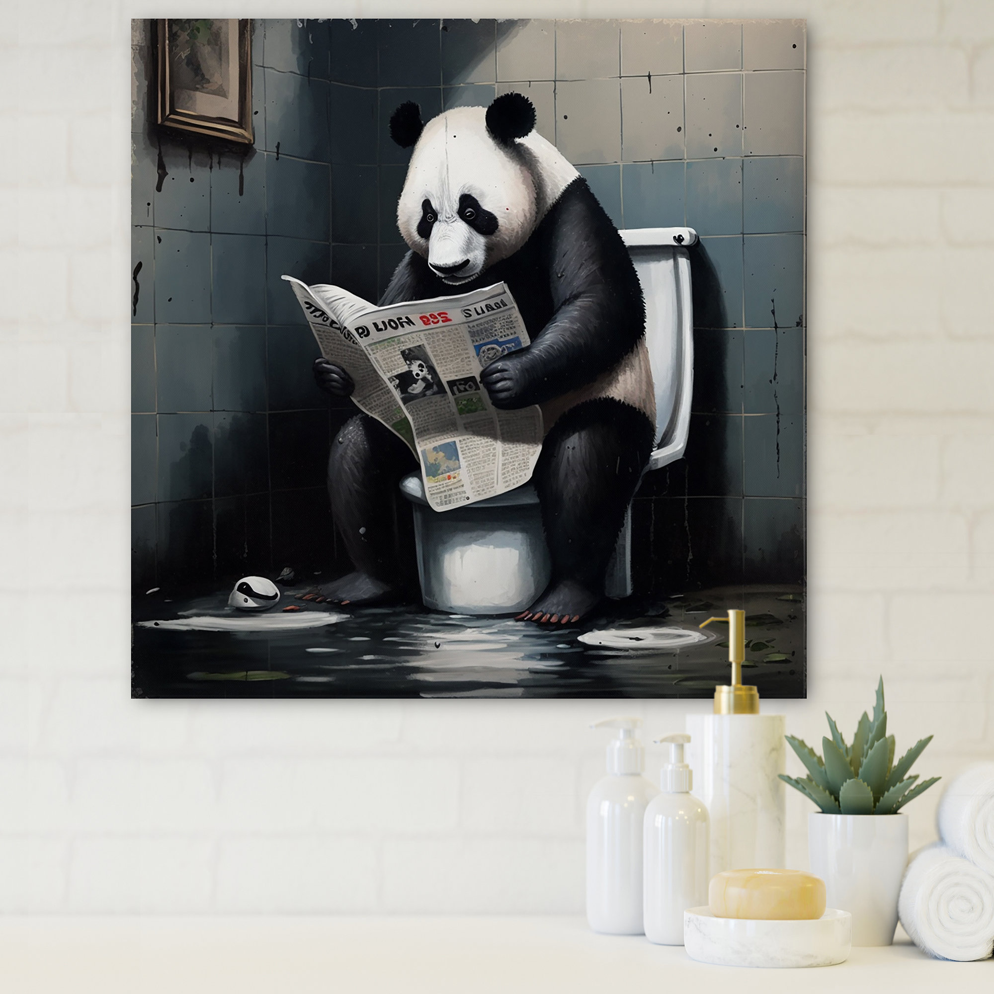 Trinx Panda On Toilet Reading News On Canvas Print | Wayfair
