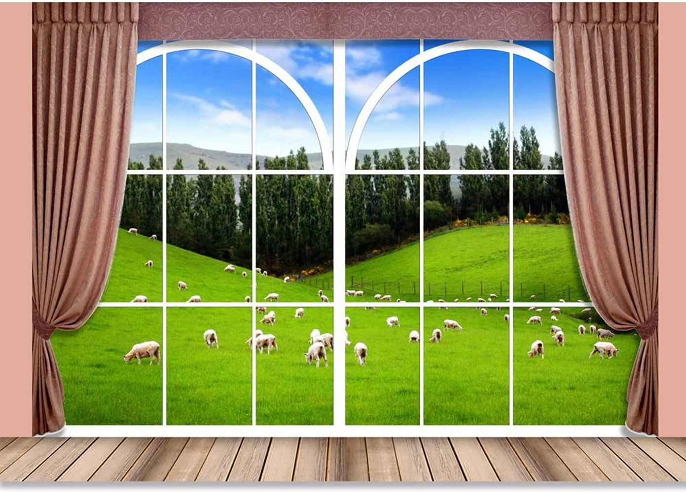IDEA4WALL Window View Curtain Sheeps in the Farm Wall Mural | Wayfair