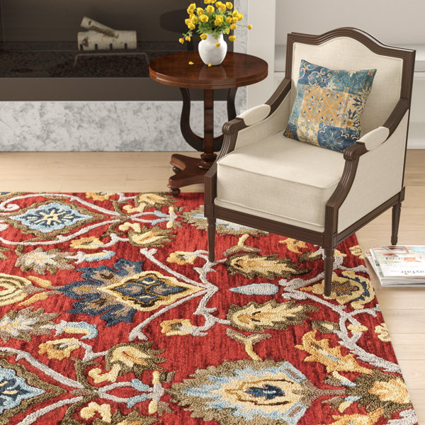 Lark Manor Hollaway Floral Handmade Tufted Wool Red/Orange Area Rug ...