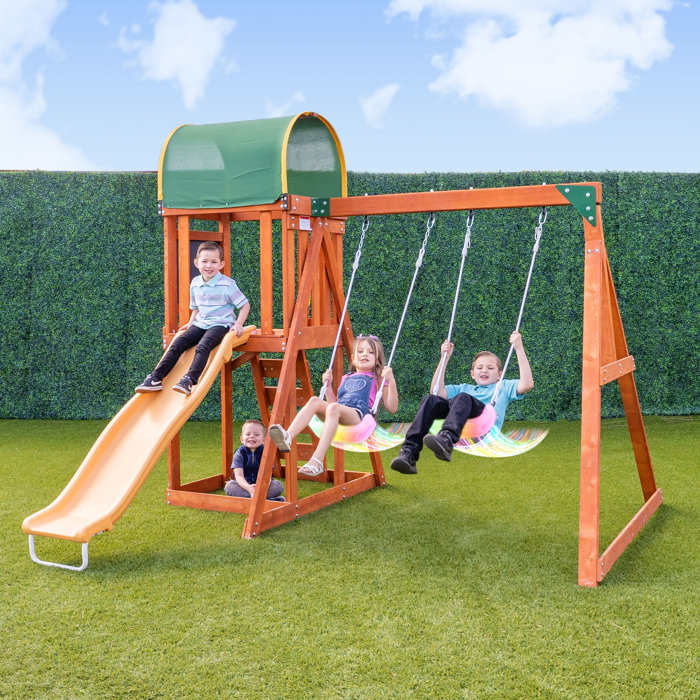The Swing Company North Star Wooden Swing Set with Slide and LED Light ...