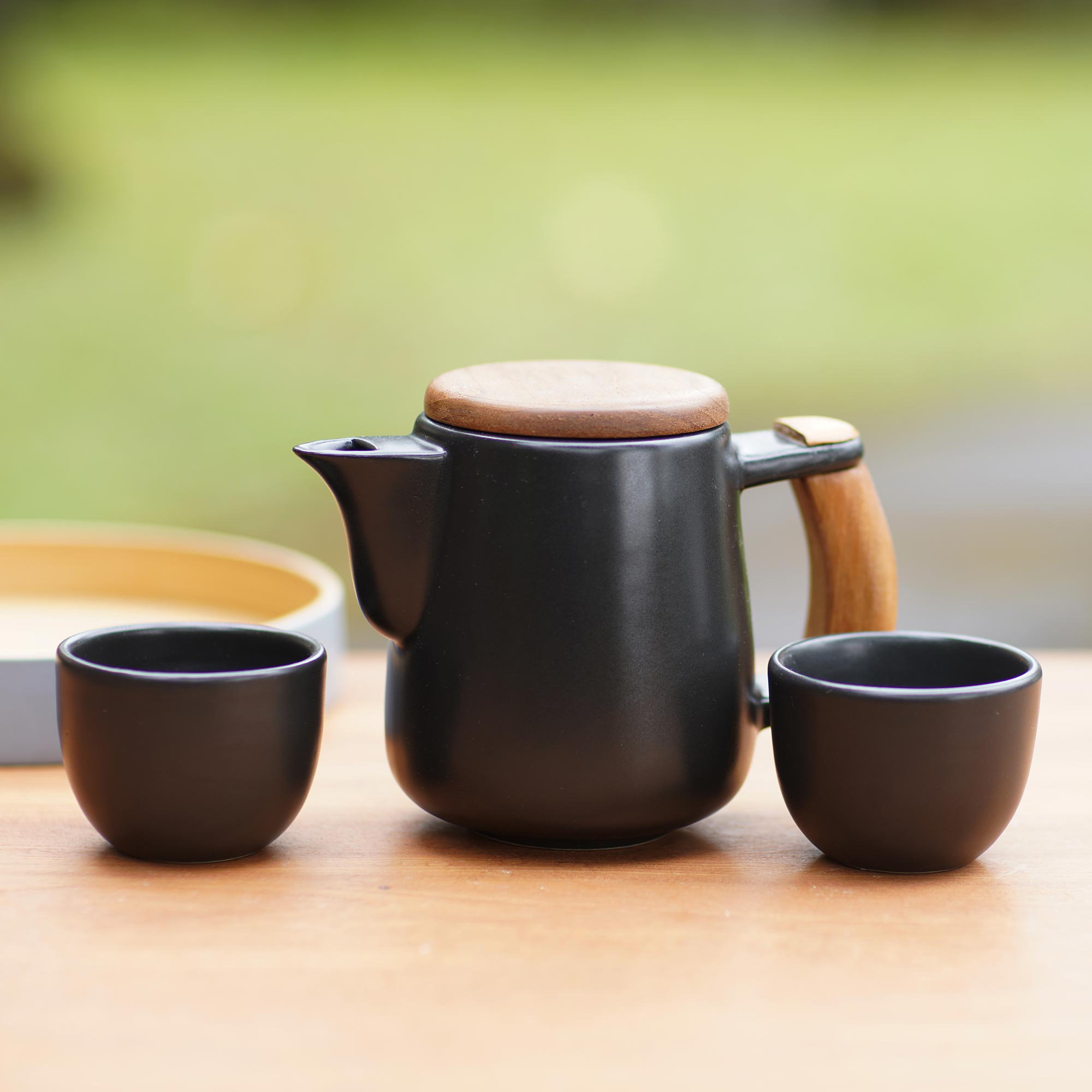 Orren Ellis Midday Tea In BlackCeramic And Teak Wood Tea Set (Set For 2 ...