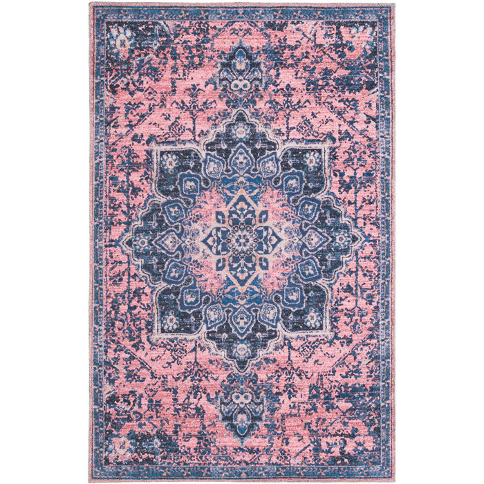 Bungalow Rose Mcelhannon Performance Pink/Navy Machine Washable Rug ...