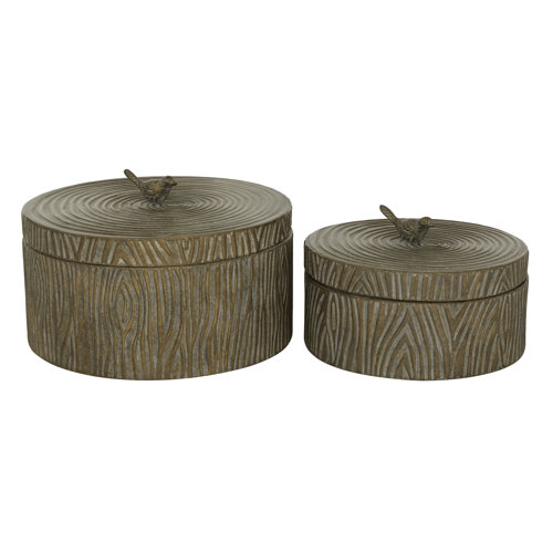 Dakota Fields Tree Bark Texture and Bird Handled Lid 2 Piece Metal Box ...