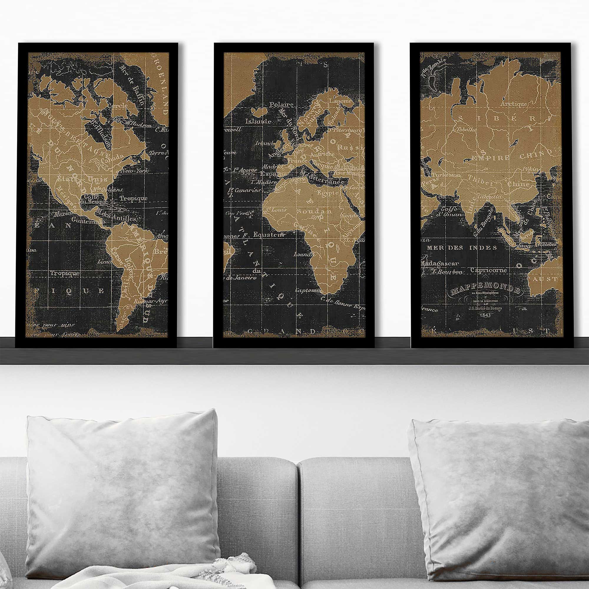 17 Stories Mappemonde Borderless Black Gold by Pela Studio - 3 Piece ...