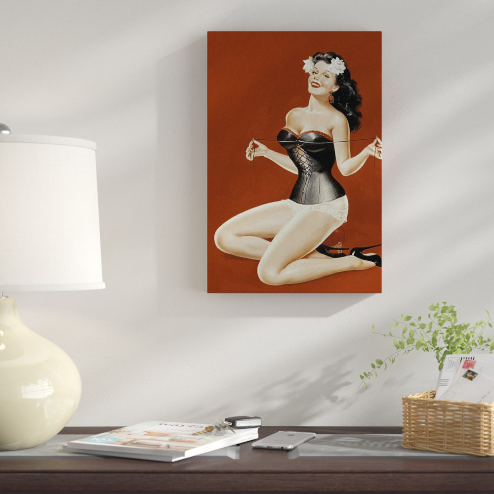 East Urban Home Mid-Century Pin-Ups Lacing Her Bra by Peter Driben - Wrapped Canvas Print | Wayfair