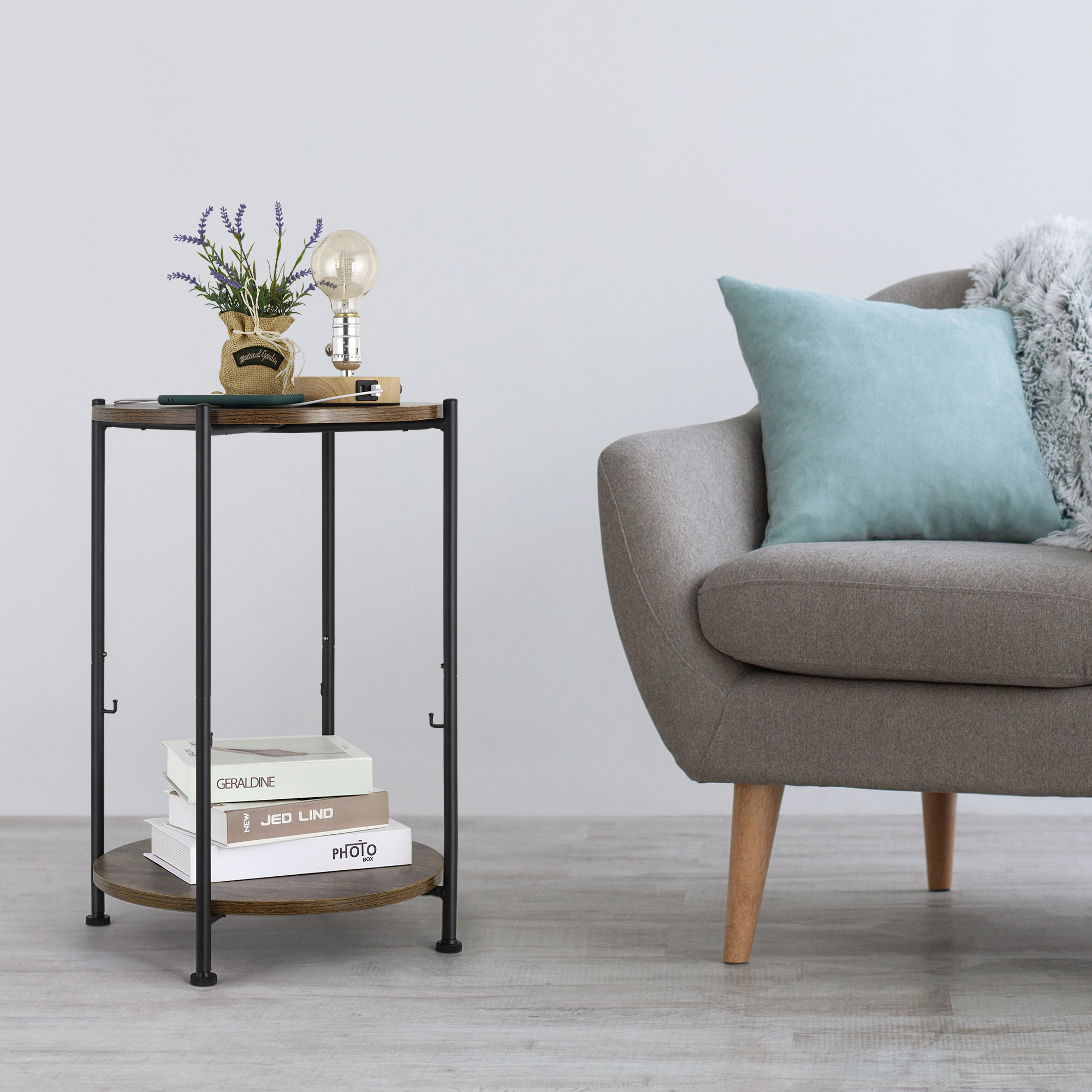 17 Stories Wood Round Storage End Table, Side Table with Fabric Basket ...