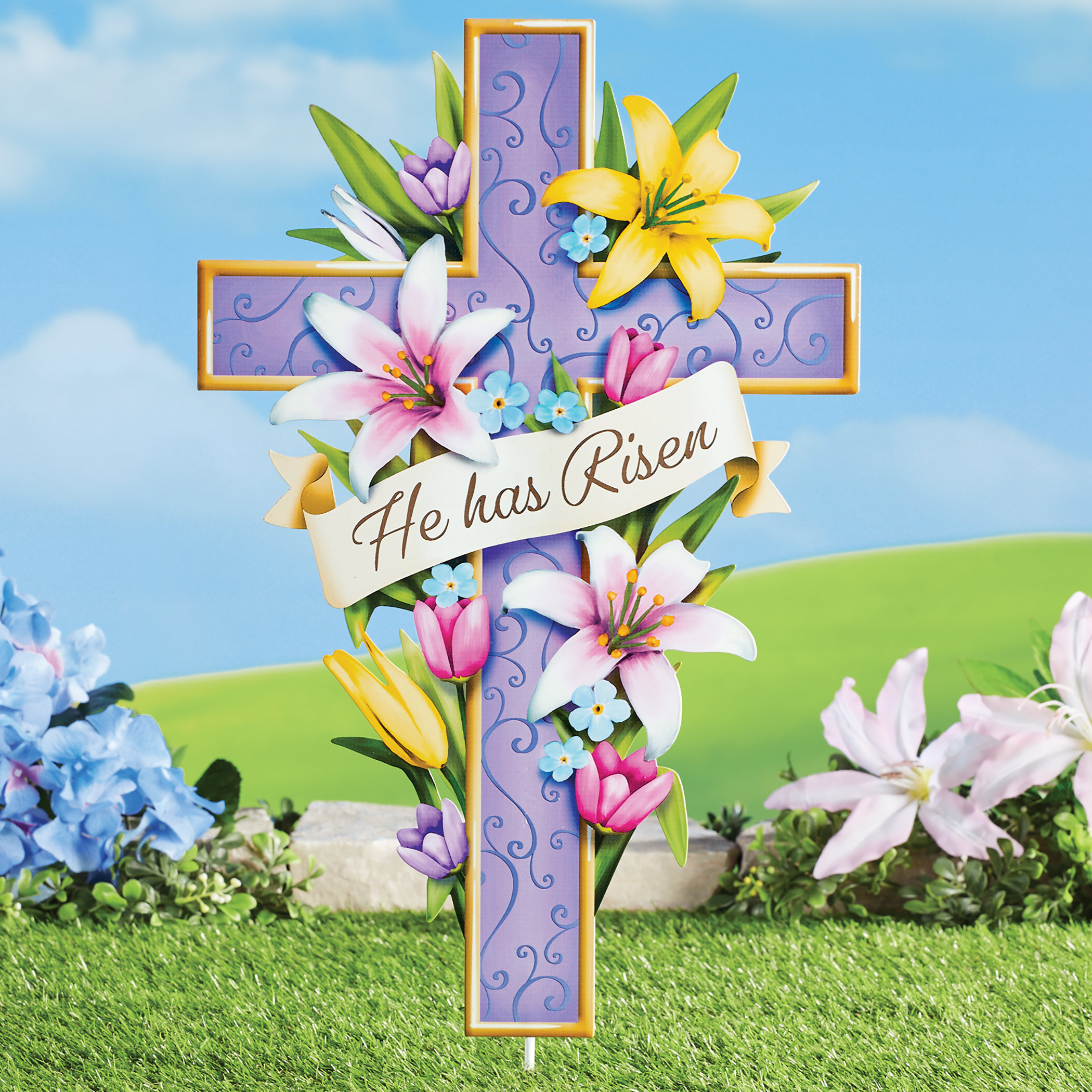 Arlmont & Co. Mitsuhiro He Has Risen Floral Cross Garden Stake | Wayfair
