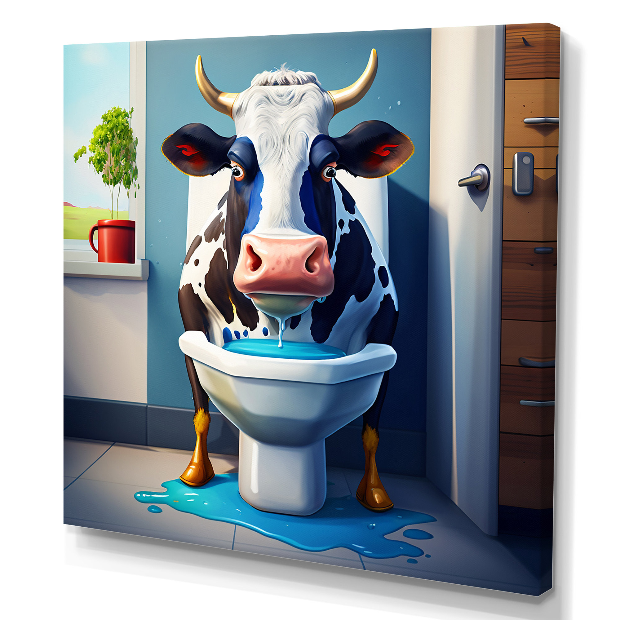 Trinx Cartoon Cow Seating On The Toilet I - Wrapped Canvas Print | Wayfair