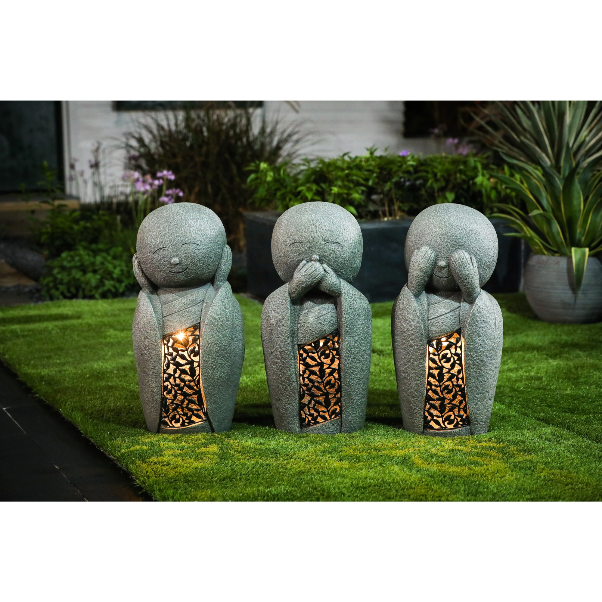 World Menagerie Rue See, Hear, Speak No Evil Monk 3 Piece Garden Solar ...
