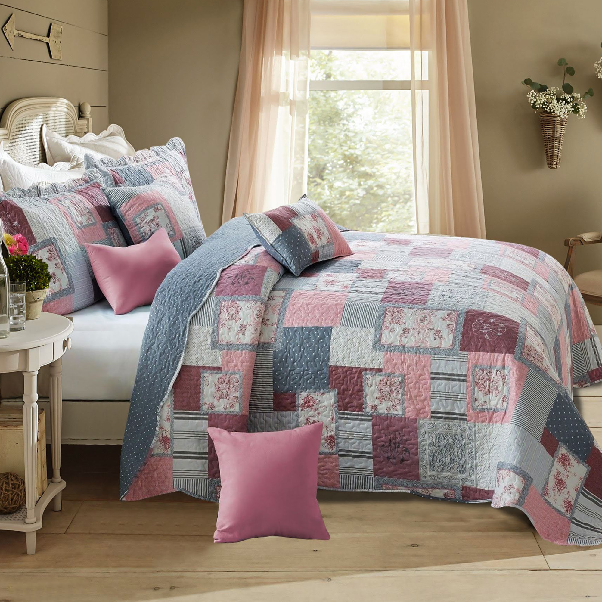 August Grove Orosco Pink/Grey/White Plain Weave Bedspread | Wayfair.co.uk