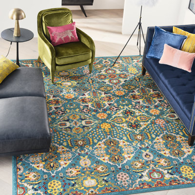 Bungalow Rose Welaka Performance Turquoise/Ivory/Yellow Rug & Reviews ...