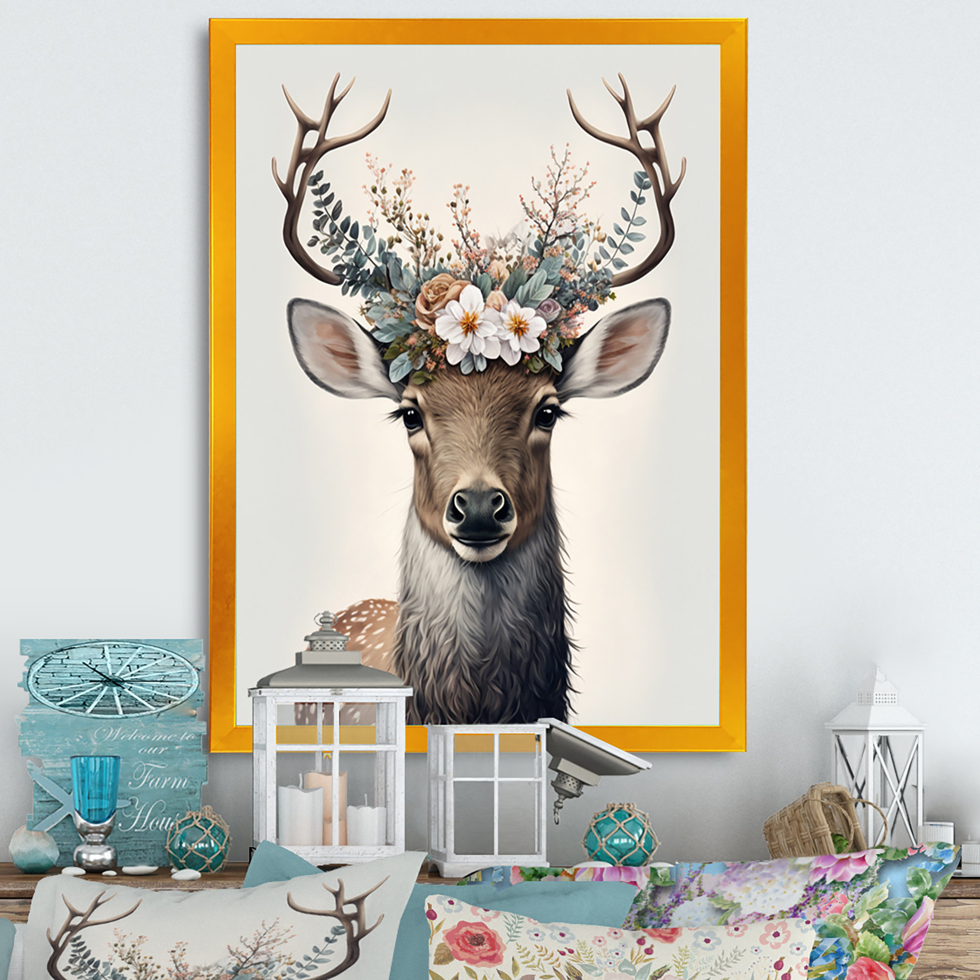 Millwood Pines Cute Baby Caribou With Floral Crown III - Modern Canvas ...