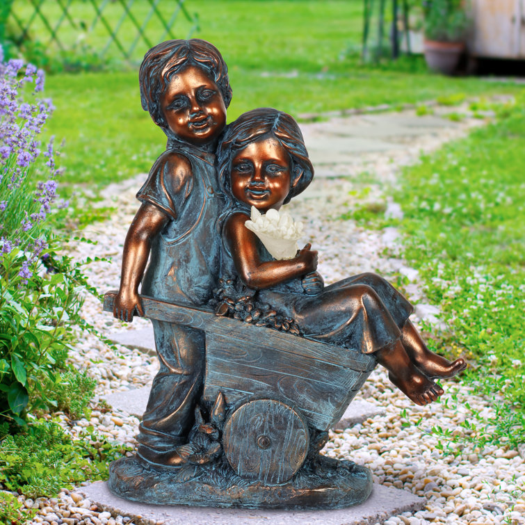 Exhart Solar Boy and Girl in Wheelbarrow Garden Statue, 10 by 13 Inches ...