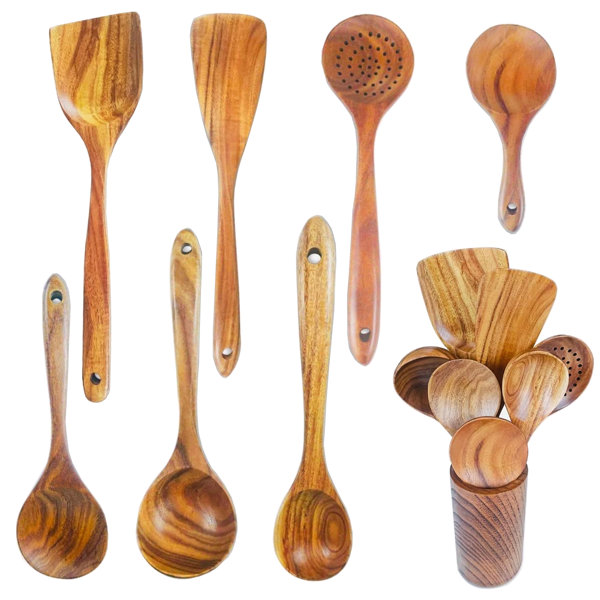 AIRPJ 8 PCS Cooking Utensil Set,Wooden Kitchen Utensils Set,Non-Stick ...