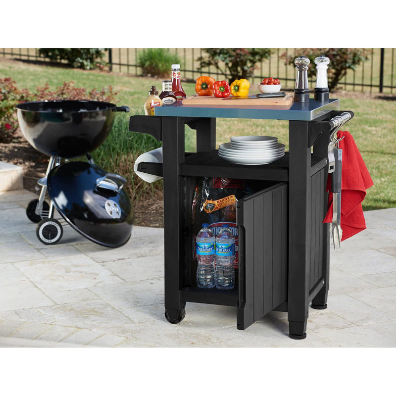 Keter Unity 40 Gal Patio Storage Grilling Bar Cart w/ Stainless Steel ...