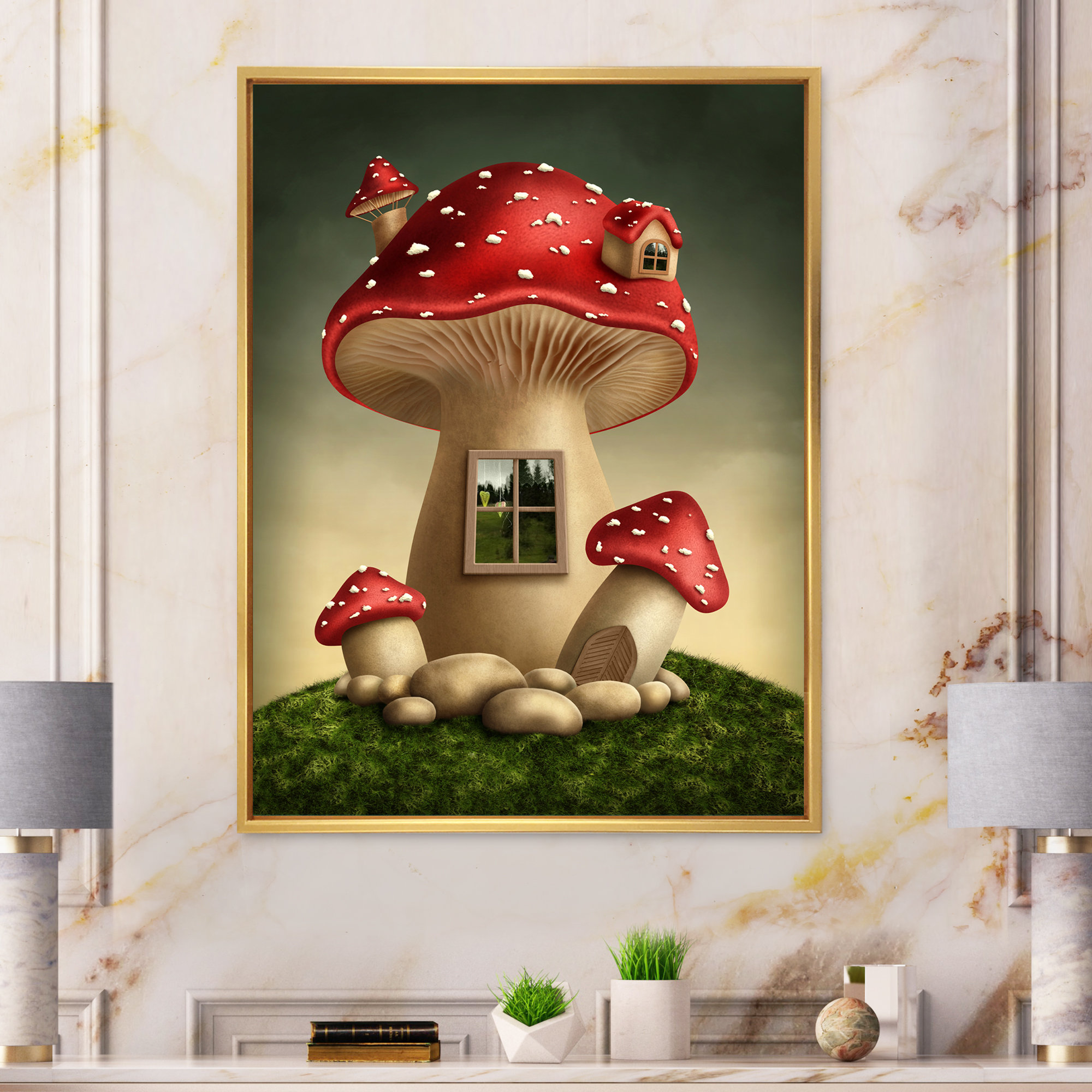 East Urban Home Fantasy Mushroom House - Painting on Canvas | Wayfair