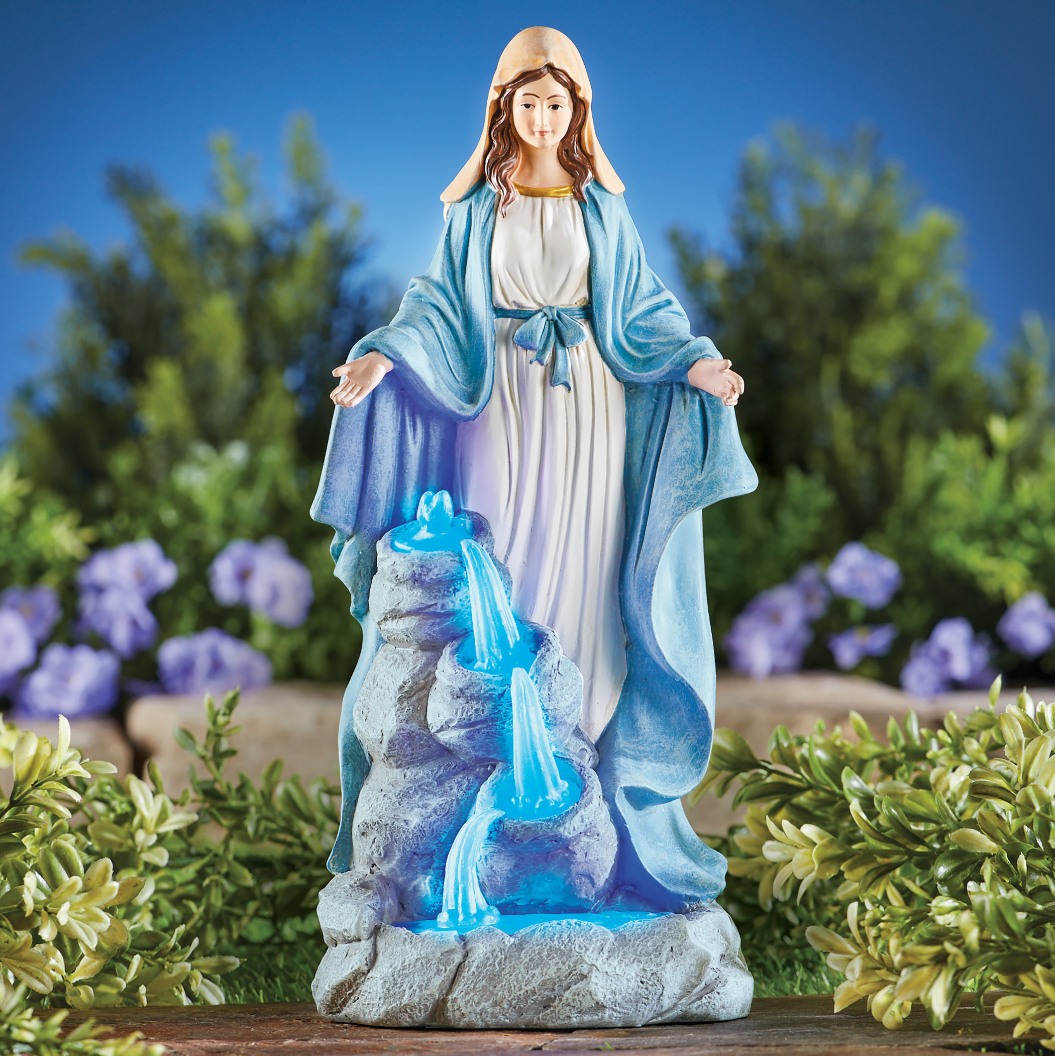 Winston Porter Virgin Mary With Solar Powered Waterfall Garden Statue ...