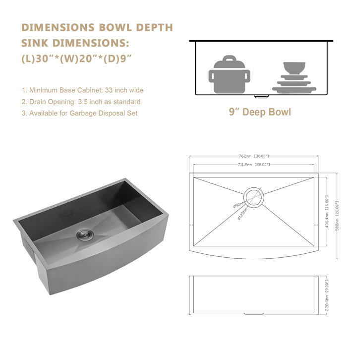 Kichae 20'' W Single Bowl Stainless Steel Farmhouse Kitchen Sink | Wayfair