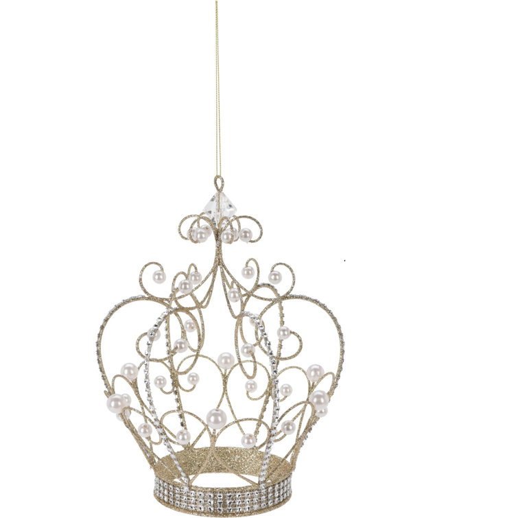 The Seasonal Aisle Glittery Crown with Pearls Hanging Figurine Ornament ...