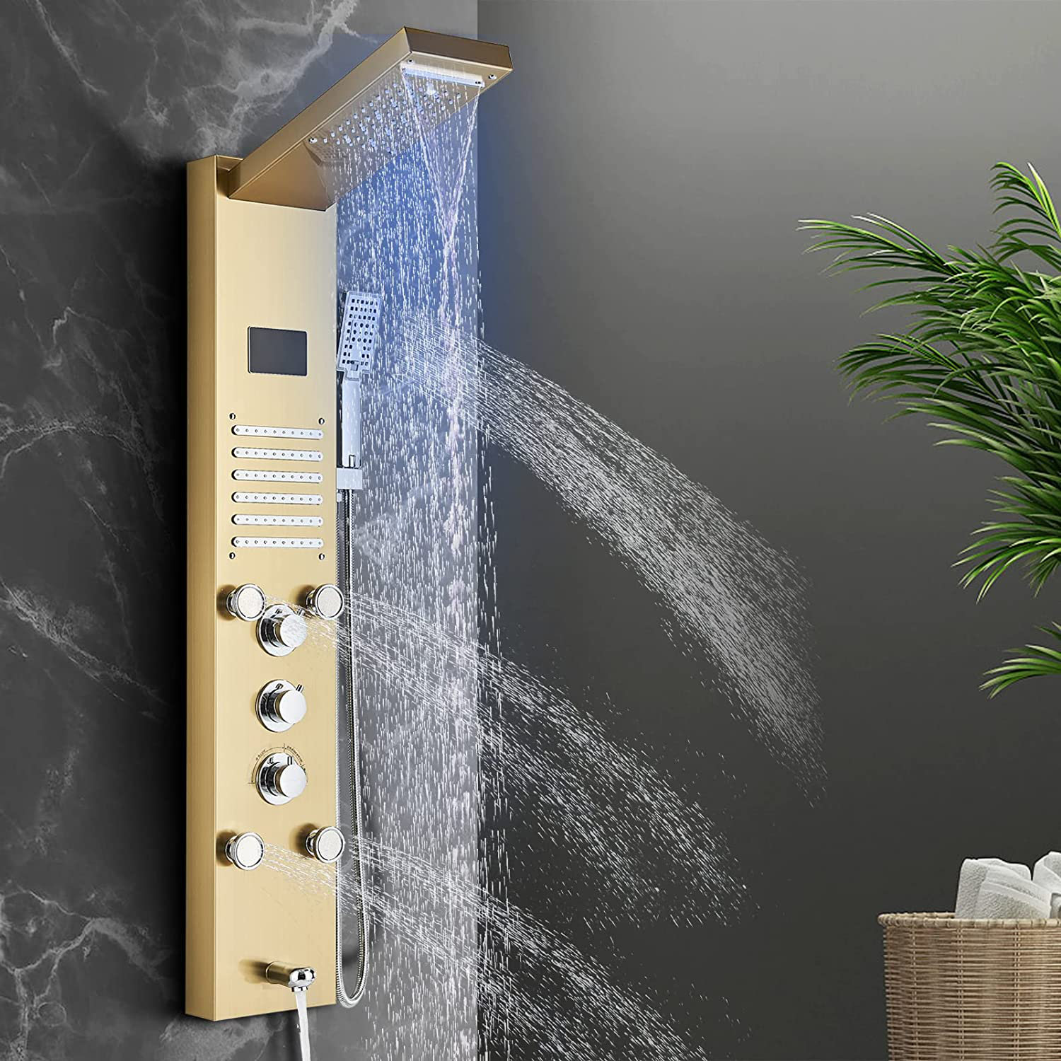SenlesenBrushed Gold Led Shower Panel Tower System Rain Massage Jets ...