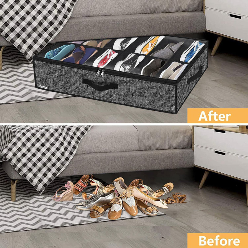 Rebrilliant 24 Pairs Black Fabric Underbed Shoe Storage | Wayfair