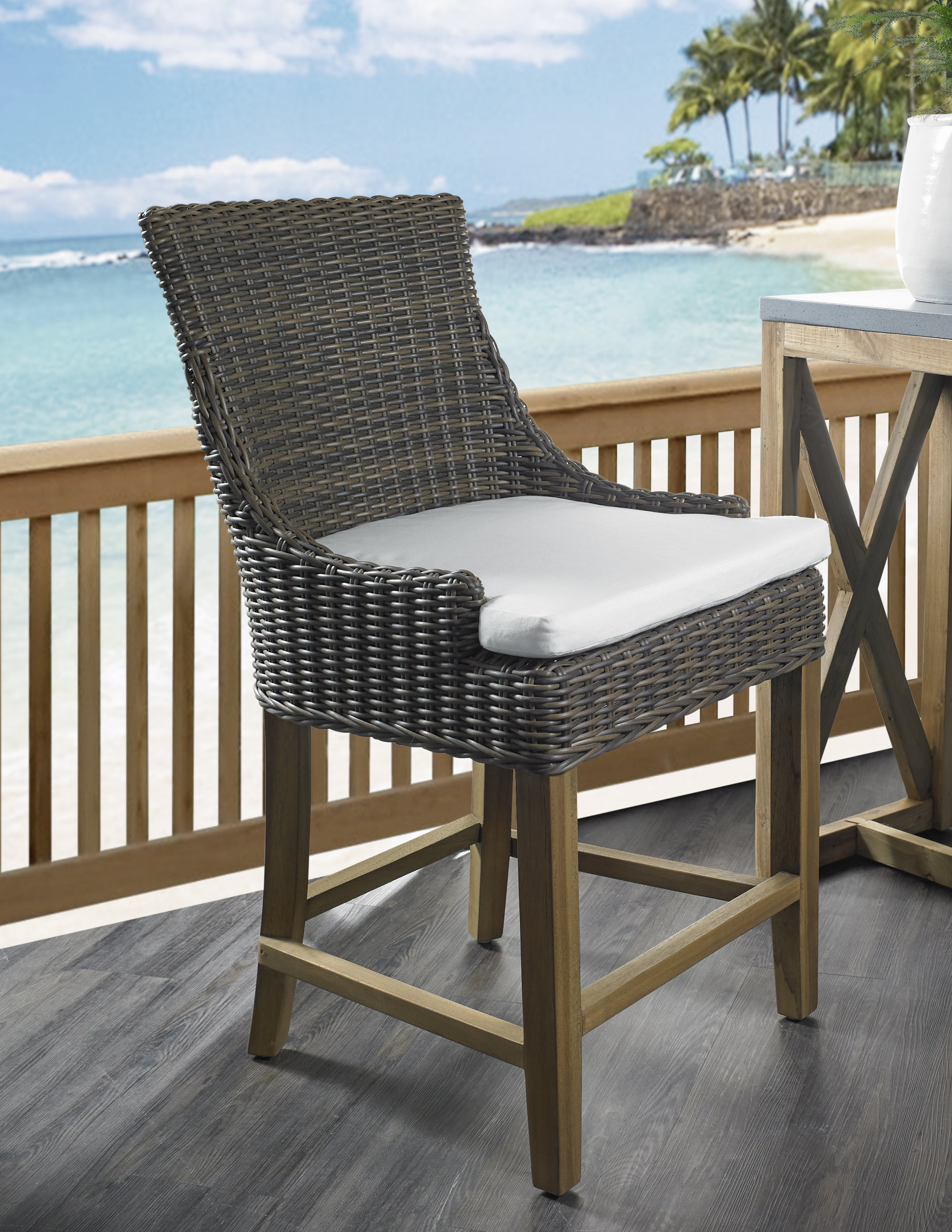 Rosecliff Heights Ennis Wicker Outdoor Stool with Sunbrella Cushion ...
