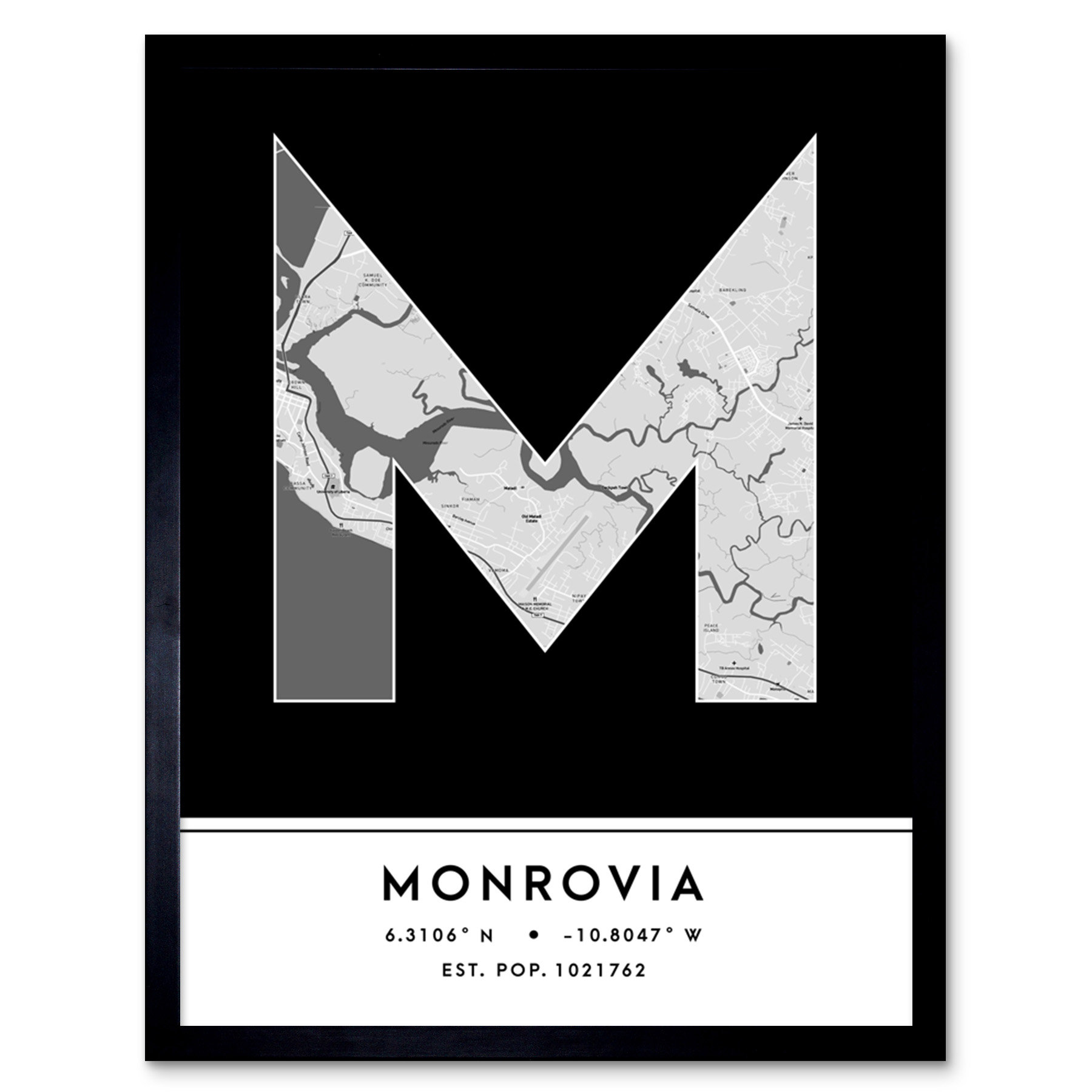 Wee Blue Coo Monrovia City Map Monrovia Black & White by Wee Blue Coo ...