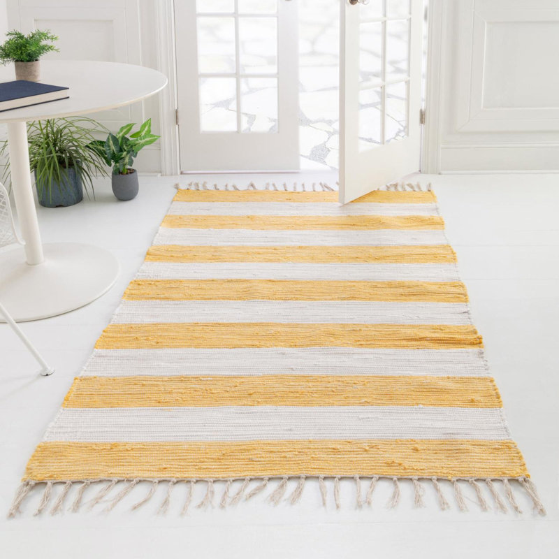 August Grove® Abishanth Handmade Hand Loomed Cotton Yellow/White Rug ...