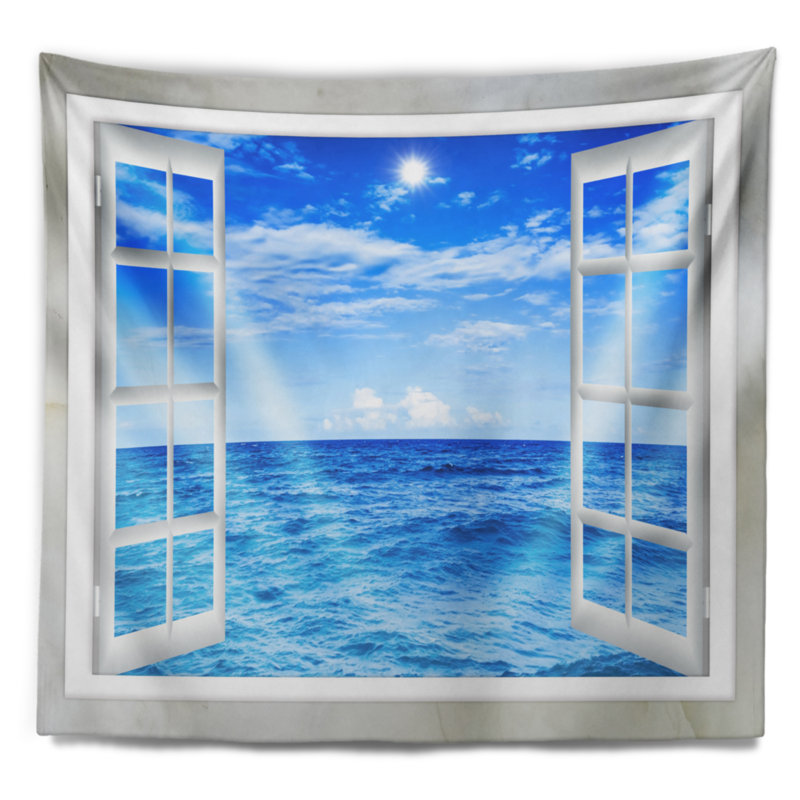 Bless international Seashore Window Open to Blue Wavy Ocean Tapestry ...
