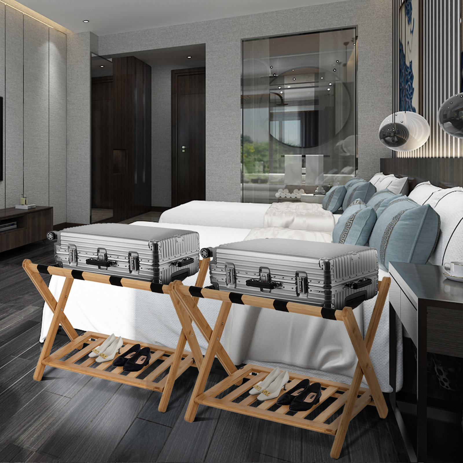 Semiocthome Bamboo Folding Luggage Rack with Storage | Wayfair