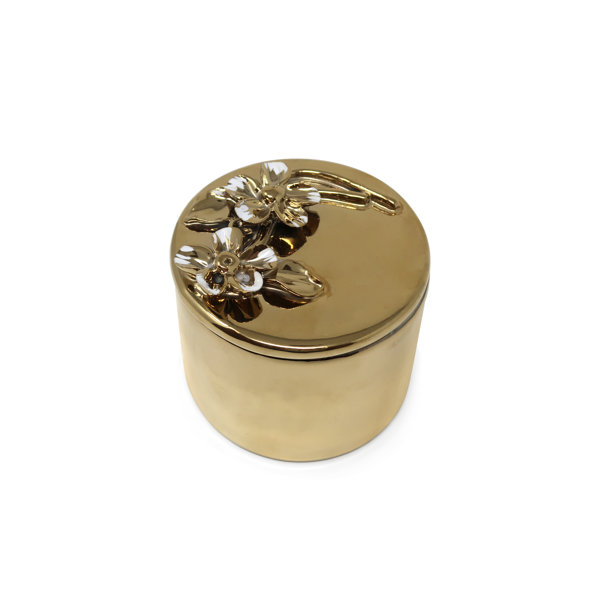 House of Hampton® Round Gold Decorative Box With Flower Design Lid ...